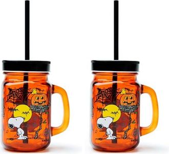 Excelsa Peanuts Halloween Becher mit Strohhalm, Glas, Fassungsverm&ouml;gen 500 ml. (Packung mit 2)