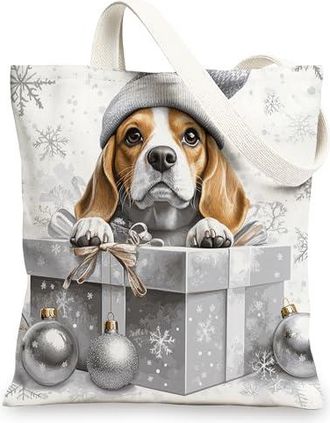 Generic Sac fourre-tout en toile motif chien beagle de No&euml;l 33 x 38,1 cm, cadeau de No&euml;l de luxe, sac d&eacute;picerie r&eacute;utilisable pour femme, peinture danimaux dom