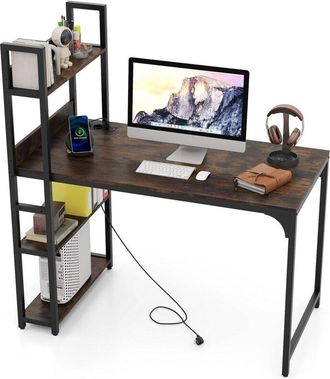 Costway Bureau dOrdinateur avec Multiprise, Table dÉtude de 120 cm avec Bibliothèque, Port USB A, Port Type-C, Cadre Métallique, Poste de Travail