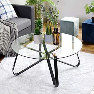Furniture R Glas Couchtisch, Wohnzimmertisch, Runder Sofatisch, Couchtisch für Couch, Schlafzimmer, Stabiles Metallgestell, Schwarz + Transparent, 80 × 80 × 40 cm