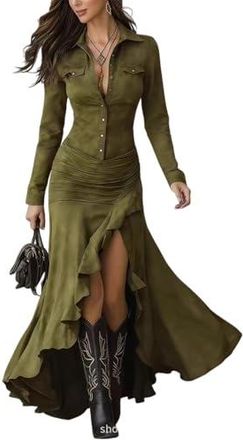 Generic Robe longue d&eacute;contract&eacute;e pour femme - Style d&eacute;contract&eacute; - Col montant - Col fendu, Vert, XXL