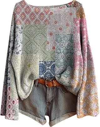 Generic Pull Femme Grande Taille Vintage Imprim&eacute; Floral Boh&egrave;me Pullover Tricot&eacute; &Eacute;l&eacute;gant Col Rond Manche Longue Sweater &Agrave; Motif Tunique Oversize Pas Cher Vetem