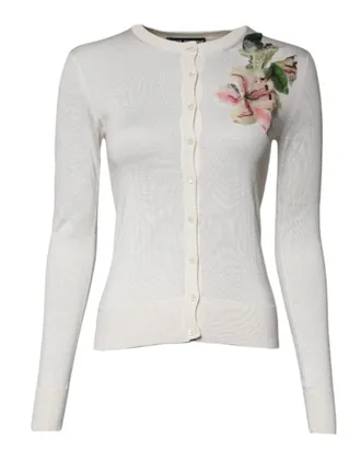 Dolce & Gabbana Womens Floral Embellished Silk Cardigan White Glass Polyester Clothing