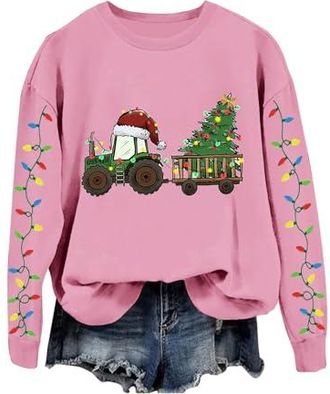 Generic Sweat-shirt de No&euml;l pour femme avec imprim&eacute; sapin de No&euml;l et col rond - Cardigan tendance &agrave; manches longues, rose, XXL