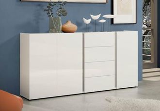 Dmora Kommode Banjul, Wohnzimmerbuffet, Wohnzimmer-Sideboard, Moderne K&uuml;chen-Speisekammer, Made in Italy, 180x38h92 cm, Gl&auml;nzendes Wei&szlig; und Anthrazit
