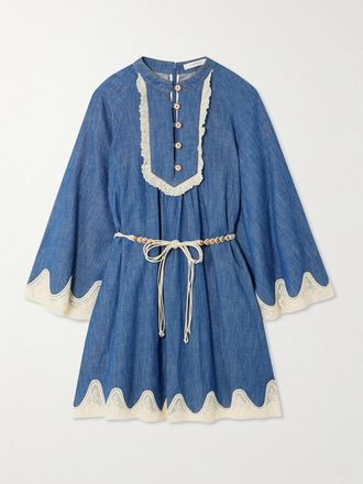 Zimmermann Awaken Mini-jeanskleid Mit Spitzenbes&auml;tzen Und Bindeg&uuml;rtel - Blau