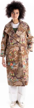 5 Progress Femme, Manteaux, Multicolore, Taille: 40 FR Long Bull Denim Coat with Camouflage Print and Floral Embroidery