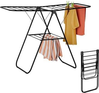 Relaxdays Wäscheständer klappbar, 2 Flügel, 2 Ebenen, Flügelwäscheständer, HBT: 93x136x58 cm, Wäschetrockner, schwarz
