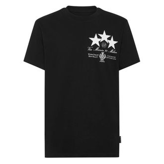 Philipp Plein Rundhals-T-Shirt Lederpatch Sterne - - Tops - Herren - Schwarzk - XL
