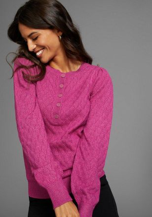 Laura Scott Rundhalspullover mit Knopfleiste und Ajourmuster