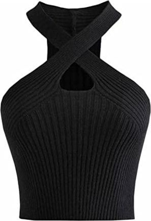 Generic Crop Top Femme Sexy- Gilet sans Manche &Agrave; &Eacute;paules D&eacute;nud&eacute;es Crois&eacute;s Tricot Creuse Chic Et &Eacute;l&eacute;gants D&eacute;bardeur Doux Confortable Passe-Partout D&eacute;contract&eacute; 