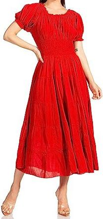 Sakkas 3702 Robe Renaissance Boho Paysanne en Cr&ecirc;pe de Coton - A-Rouge/Taille Unique