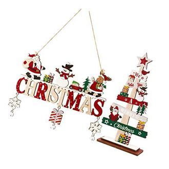 Generic 2 St&uuml;ck Weihnachtsdeko Holz Merry Christmas Schild T&uuml;rschild Weihnachtsbaum Aufsteller Holzdeko Weihnachtsmann Schneemann Weihnachten T&uuml;r Wand Tisch D