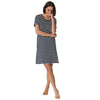 Schiesser Chemise de Nuit &agrave; Manches Courtes avec Poches-Nightwear, Dunkelblau Gestreift, 38 Femme