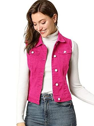 Allegra K Veste en jean délavé boutonnée pour femme avec poches poitrine à rabat, fuchsia, Medium