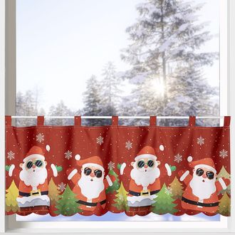Heimtexland Scheibengardine Weihnachten Fensterdeko Weihnachtsgardine Bedruckt Deko Gardine Satin Blickdicht rot gebogt 45x120 Advent Typ651 Santa - Rock n Roll