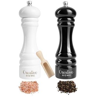 Creative Home Duo Moulin a Poivre et Sel Manuel en Bois | Inclus Mini Cuill&egrave;re | Hauteur 18 cm | Noir et Blanc | Sali&egrave;re et Poivri&egrave;re de Cuisine | H&ecirc;tre Naturel