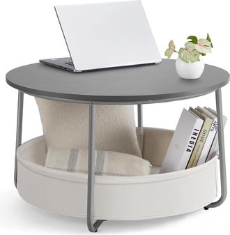 Vasagle Couchtisch rund, Tisch mit Stauraum, Beistelltisch, Wohnzimmertisch mit Korb aus Stoff, modern, Metallrahmen, zementgrau-cremeweiß LCT244G01