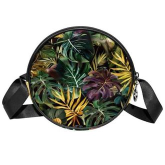 Generic Sac &agrave; bandouli&egrave;re rond pour femme, motif feuilles de jungle, plantes, petit sac &agrave; dos &agrave; bandouli&egrave;re avec fermeture &eacute;clair, bretelles r&eacute;glables, sac &agrave; 