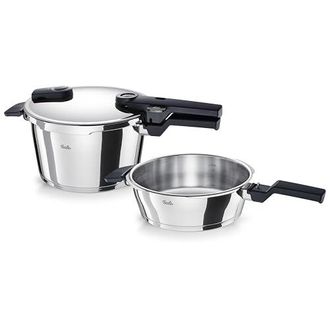 FISSLER Vitaquick Jeu Dautocuiseurs, 3 Pi&egrave;ces (1 Faitout-autocuiseur 4,5 l + 1 Po&ecirc;le-autocuiseur 2,5 l 22 cm), Compatible Induction, M&eacute;tallique