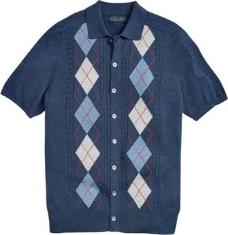 Brooks Brothers Homme, Pulls, Bleu, Taille: M Jersey Intarsia Argyle Polo Cardigan