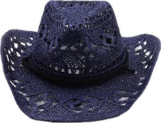 Generic Chapeau de cowboy western d&eacute;t&eacute; pour femmes et hommes, chapeau de paille fa&ccedil;onnable, visi&egrave;re enroulable, bleu marine, Taille unique