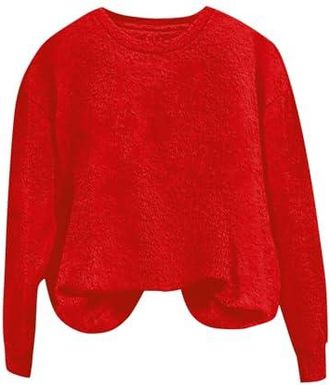 Generic Chandail en flanelle pour femme, pull dhiver à manches longues en peluche chaude, de couleur unie, en polaire, extensible, décontracté, col rond, tuni