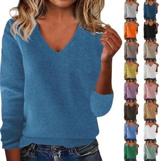 Generic Pull confortable en cachemire pour femme, col en V, pulls en cachemire pour femmes, hauts dautomne &agrave; manches longues et col en V, pull en laine, bleu,