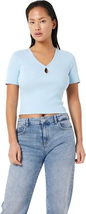 Noisy May Damen Kurzes RIPP Oberteil Slim Fit T-Shirt mit Cut-Out V-Ausschnitt Kurzarm Top NMMAYA, Farben:Blau-3, Größe:XL