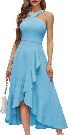 Bbonlinedress Kleid Hochzeitsgast Damen Herbstkleid lang Abendkleider elegant f&uuml;r Hochzeit festliches Kleid Neckholder Cocktailkleid Party Brautjungfernkleider Blue