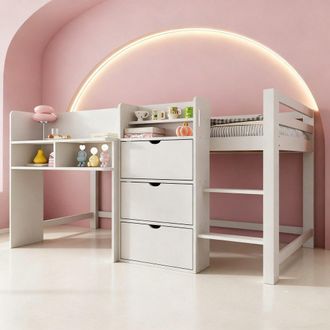 Generic Kinderbett in Hausform mit Staufächern & Spielbereich | Halbhohes Bett 90x200 cm, weiß | Mit integriertem Entertainment-Bereich unten, ohne Matratze