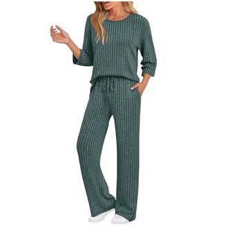 TOMWELL Pyjama Femme Couleur Unie Ensemble Shirt Manches 3/4 Surv&ecirc;tement D&eacute;contract&eacute; 2 Pi&egrave;ce Jogging Suit A Bleu Marine L