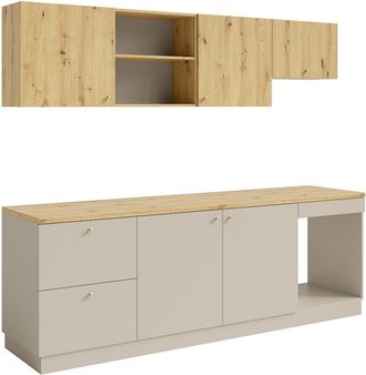 Vente-Unique Komplettk&uuml;che + Arbeitsplatte 242 cm - Beige & Hellnatur - YORINA