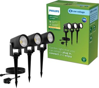 Philips Reuel Outdoor GardenLink Niedervolt-Spot, 24 V, 2700 K warmwei&szlig;es Licht, 180 lm, Schwarz, Starter-Set, 3er Pack, EU-Stecker