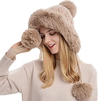 Generic Velours avec trois chapeaux dext&eacute;rieur pull froid et tricot&eacute; couleur chaude chapeau femmes plus &eacute;pais chapeaux damier chapeau, kaki, Taille unique