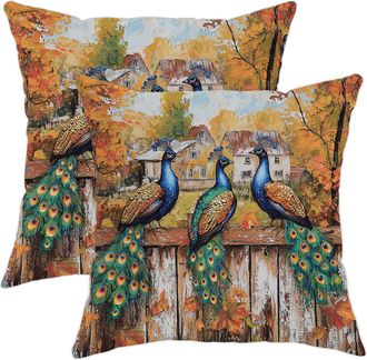 Generic Herbstpfauenvogel Kissenh&uuml;lle Quadratische Kissenh&uuml;llen Weich Dekokissen F&uuml;r Hotel Bett Balkon 45X45Cm 2Er Set