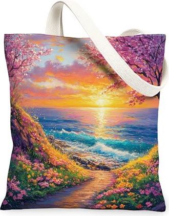 Generic Sac fourre-tout en toile r&eacute;utilisable pour le shopping 33 x 38 cm, motif fleurs darbre de mer, sac d&eacute;picerie r&eacute;utilisable pour femme, peinture de voya