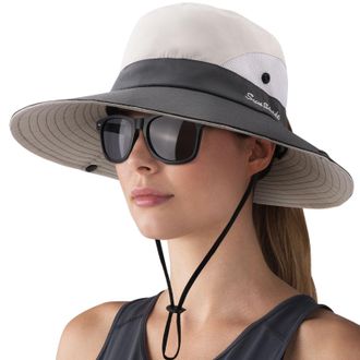Dreshow Damen Sonnenhut Outdoor UV-Schutz Hut Faltbar Mesh Breite Krempe Angeln Pferdeschwanz Strand Eimer H&uuml;te mit Sonnenbrille