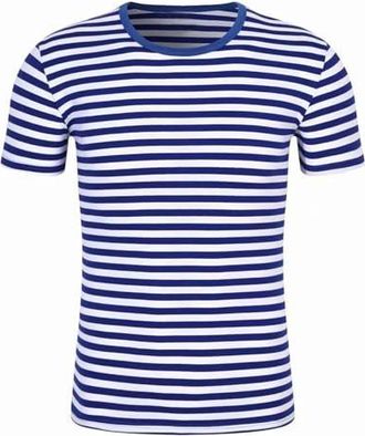 Generic T-shirt à rayures pour homme Coupe ample Col rond Entraînement Manches courtes Coton Coupe athlétique Léger Confortable Haut de sport, bleu, XXL