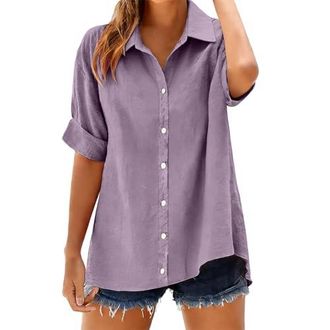 Generic Chemisier Femme Ete Fluide Coton Lin Manche Courte Chemisiers avec Bouton Haut Ample Respirant Top Couleur Unie Polyvalent Chemisier Outdoor Plage Hau