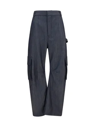 Balenciaga Womens Cargo Pants Denim Print Dark Navy Wool Trousers