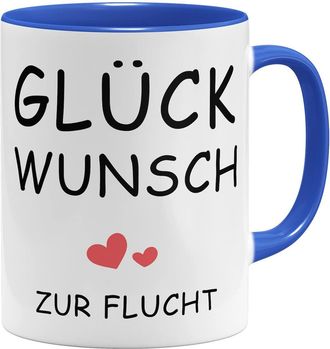 OM3 Glückwunsch zur Flucht - Abschied Tasse mit Spruch Abschiedsgeschenk für Kollegen - Keramik Becher - 11oz 325ml - Beidseitig Bedruckt - Royalblau
