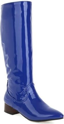 Generic Bottes d&eacute;quitation montantes en cuir verni &agrave; bout rond et talon bloc large pour femme, bleu, 39.5 EU