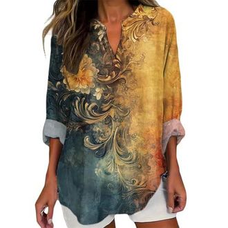 Generic Chemisier Femmes Coton Et Lin Chic Et Elegant Casual Chemisiers Et Blouses Ete Manche Longues Col V L&acirc;che Tops L&eacute;g&egrave;re Respirant Tuniques Mode Coton Et