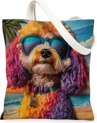 Generic Sac fourre-tout en toile motif caniche d&eacute;t&eacute; pour faire du shopping, 33 x 38,1 cm, sac d&eacute;picerie r&eacute;utilisable pour femme, peinture esth&eacute;tique, d&eacute;corati