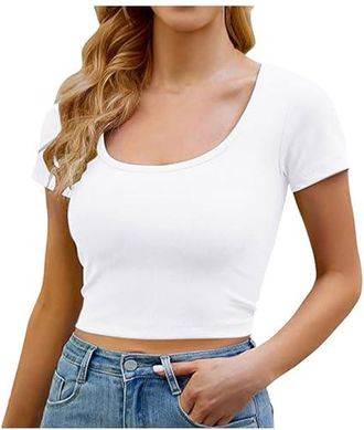 Generic Haut court d&eacute;t&eacute; &agrave; col rond pour femme 2025 amincissant pour sortir, coupe ample, d&eacute;contract&eacute;, en coton, tendance, mince, graphique, demi-chemises mign