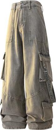 Generico Jeans Cargo Baggy Homme en Denim Pantalon Streetwear Surdimensionn&eacute; Y2K Confortable et Large avec Poches Lat&eacute;rales Jeans Casual Vintage Moto en Denim 
