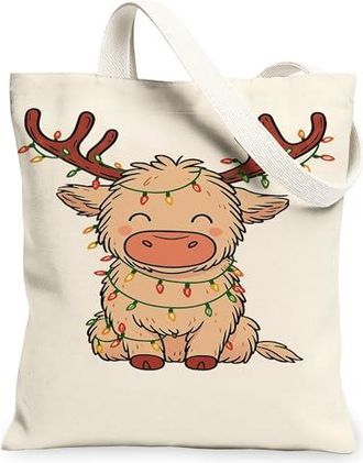 Generic Sacs fourre-tout en toile avec motif animal festif, motif renne mignon, sacs d&eacute;picerie l&eacute;gers et lavables pour les vacances, le shopping, les voyages,