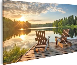 Islandburner Bild auf Leinwand See Sonnenuntergang mit Holzb&auml;nken und Wald im Hintergrund Bilder Wandbilder Poster