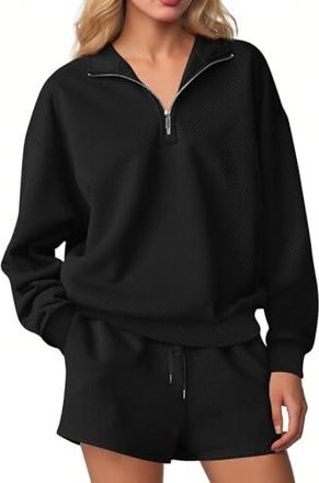 Generic Ensemble de survêtement à demi-fermeture éclair pour femme - Survêtement décontracté à col châle - Ensemble deux pièces confortable et élégant - Textu